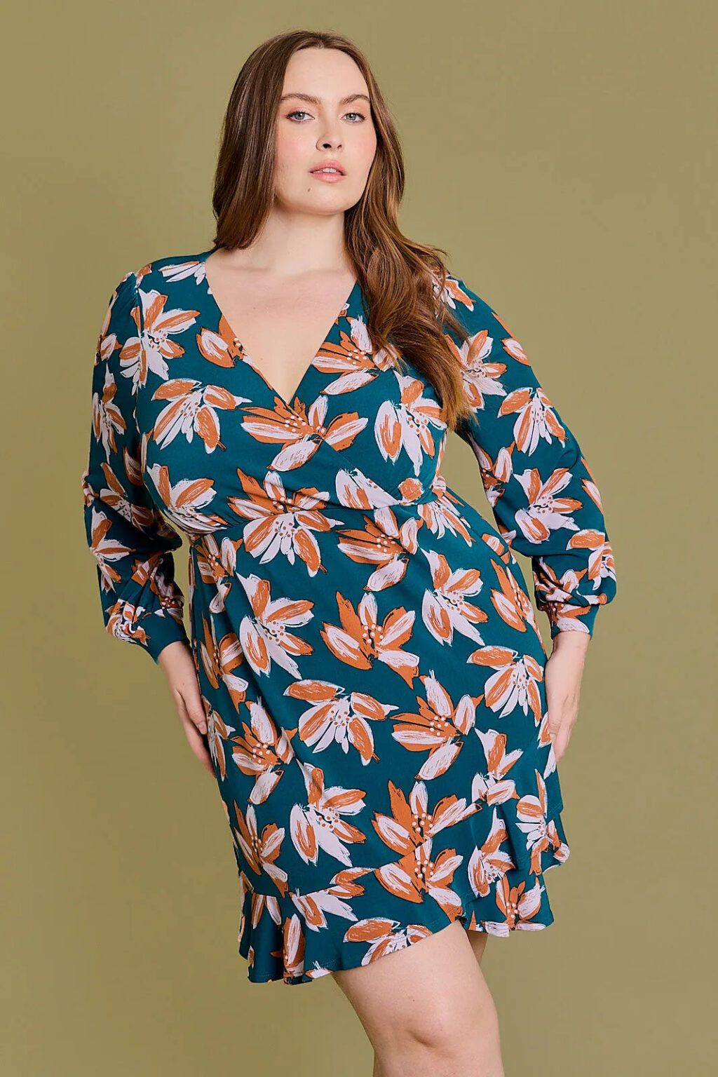 Plus Size Wrap Floral Long Sleeve Surplice Mini Dress | Mimada Essentials